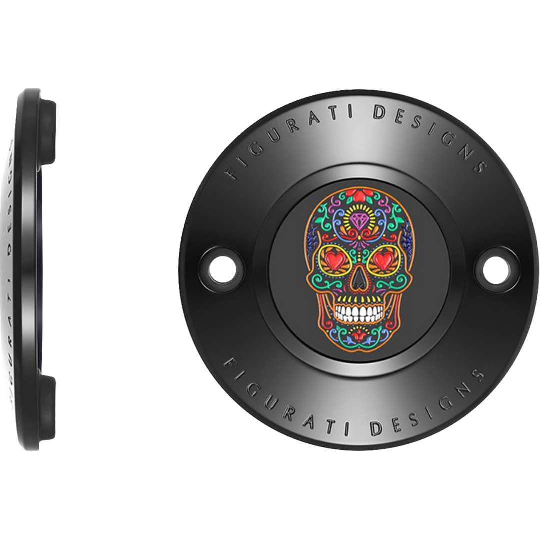 Timing Cover M8, Black With Sugar Skull Fire, 2 Hole